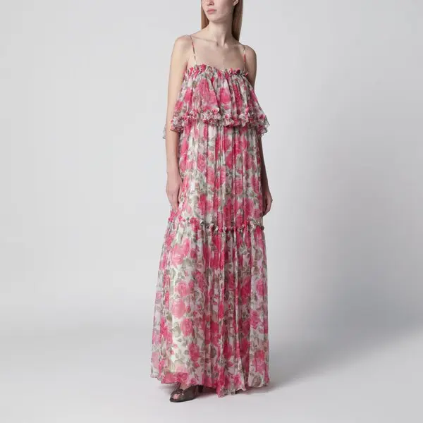 Chloé Long Silk Muslin Dress With Rose Print, White/pink - Multicolor