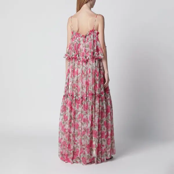 Chloé Long Silk Muslin Dress With Rose Print - Multicolor