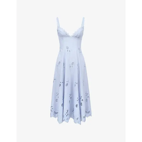 House Of Cb Tatiana Lace-trim Cotton Midi Dress L - Blue