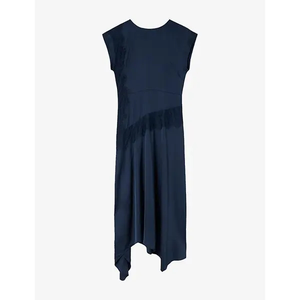 Whistles Lace-insert Asymmetric Hem Satin Midi Dress