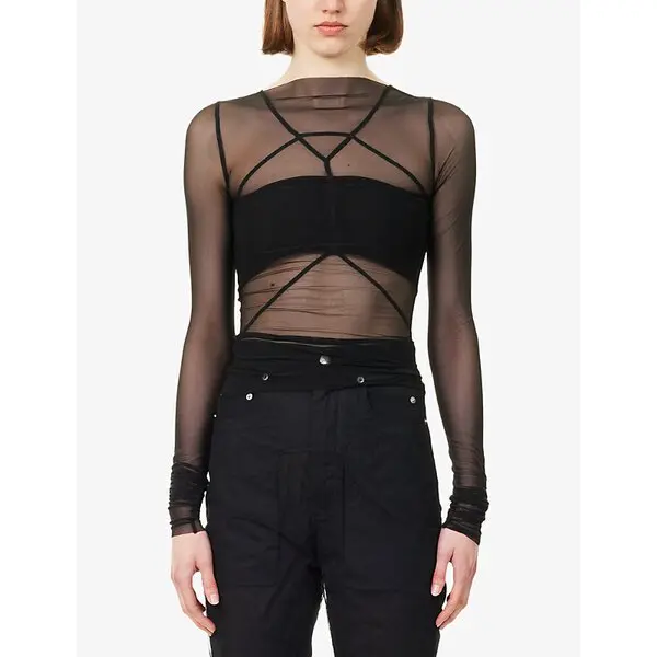 Rick Owens Temple Geometric Seam Sheer Tulle Top - Black