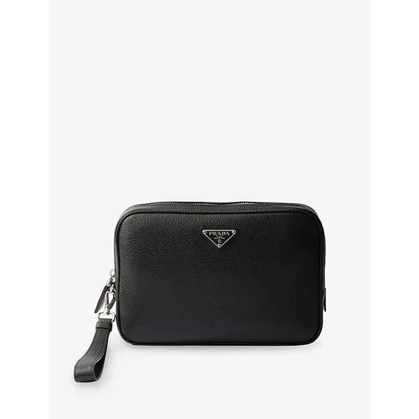 Prada Leather Pouch With Logo Plaque - Black