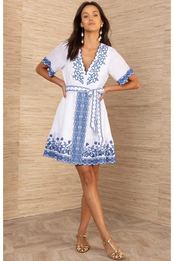 Hale Bob Embroidered Linen Mini Dress - Blue
