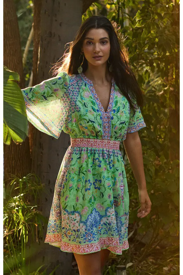 Hale Bob Charity" Washed Linen Dress With Floral Print And Smocked Waist - Green