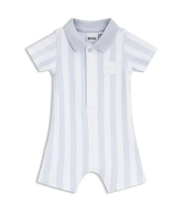 BOSS Striped Baby Romper With Polo Collar - Light Blue