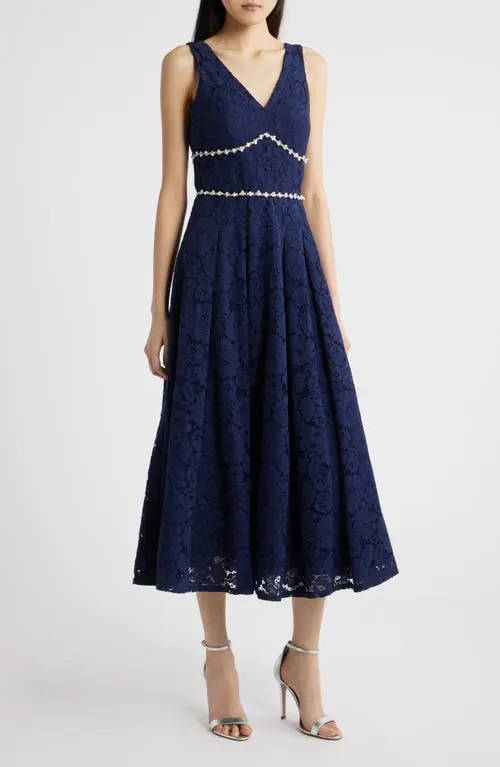 TAHARI ASL Faux Pearl & Rhinestone Detail Floral Lace Cocktail Midi Dress - Navy