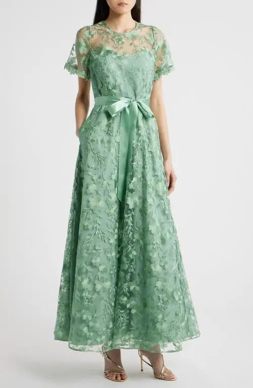 TAHARI ASL Floral Embroidery Short Sleeve Gown - Sage