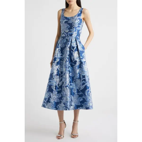 TAHARI ASL Floral Brocade Midi Cocktail Dress - Riverside Blue