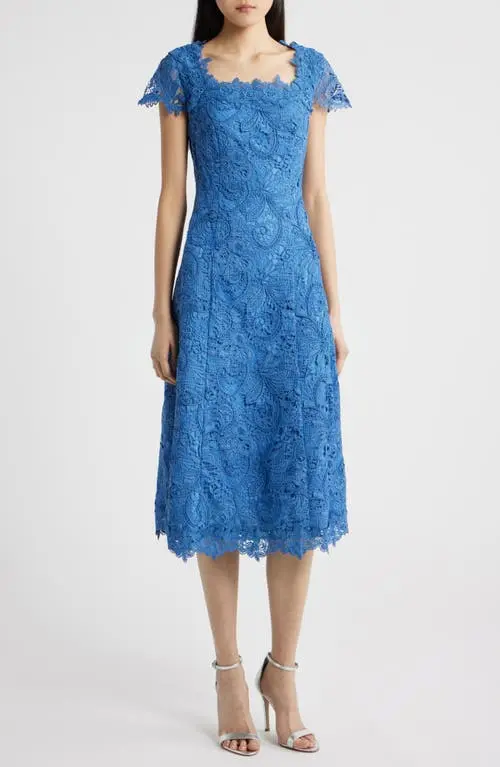 TAHARI ASL Corded Lace Cocktail Midi Dress - Riverside Blue