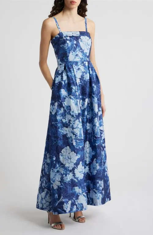 TAHARI ASL Crinkled Floral Gown - Navy