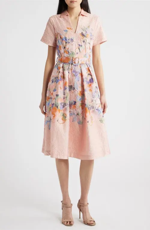 TAHARI ASL Print Crinkle Belted Fit & Flare Dress - Apricot Floral