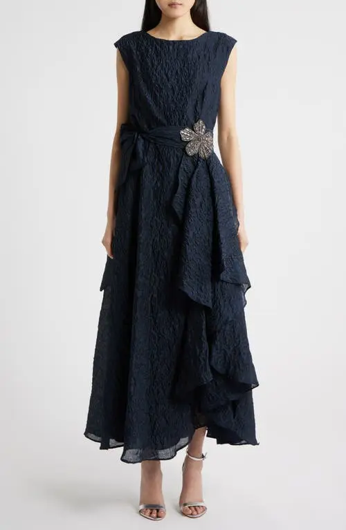 TAHARI ASL Beaded Flower Crinkled Taffeta Dress - Navy