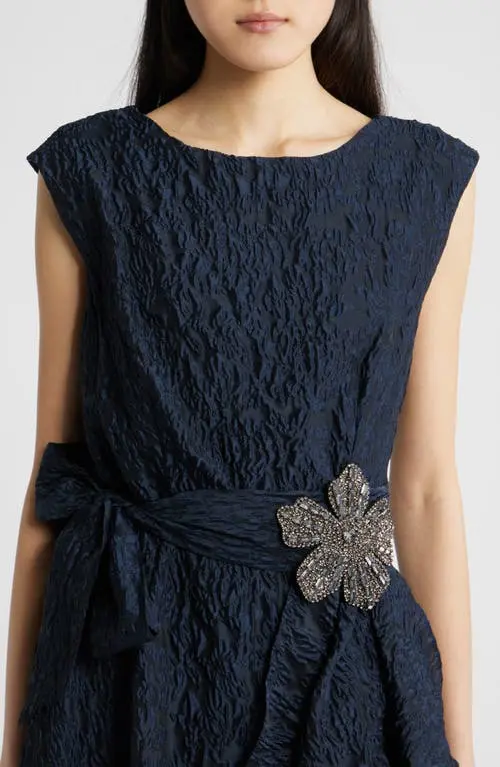 TAHARI ASL Beaded Flower Crinkled Taffeta Maxi Dress