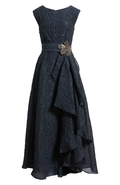 TAHARI ASL Beaded Flower Crinkled Taffeta Maxi Dress
