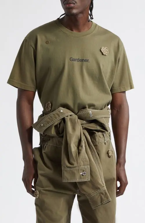 SONG FOR THE MUTE X Birkenstock The Gardener Crochet Flower Long Sleeve Drill Jumpsuit - Army Green