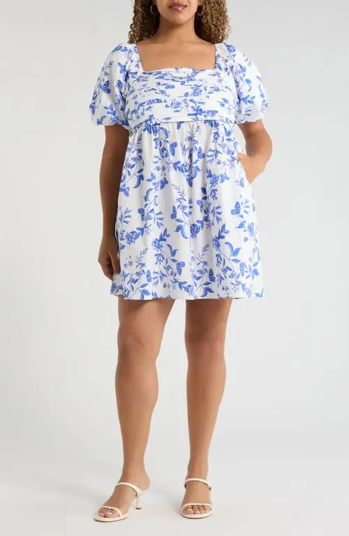 SUGARLIPS Leya Floral Pleated Mini Dress - White Blue Multi