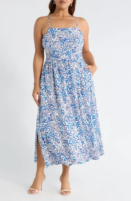 SUGARLIPS Mize Floral Mavis Crisscross Midi Dress - White Blues