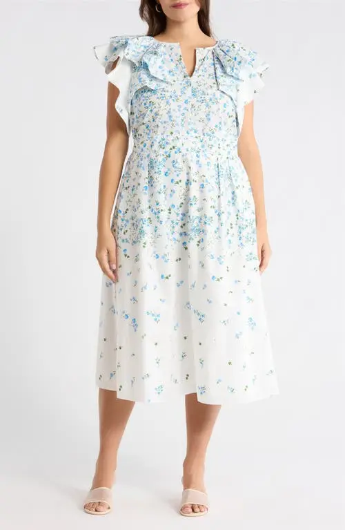 SUGARLIPS Floral Ruffle Flutter Sleeve Cotton Midi Dress - White Blue Green