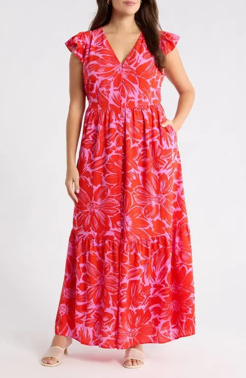 SUGARLIPS Rania Floral Evianna Flutter Maxi Dress - Pink-red-mul