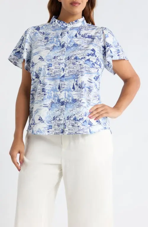 SUGARLIPS Kearny Floral Print Poplin Top - Wht-blues-mult