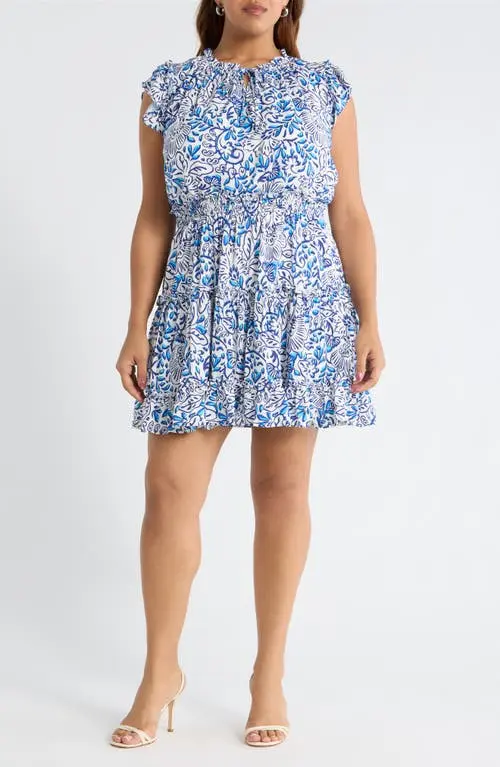 SUGARLIPS Mize Toledo Floral Tiered Minidress - White Blues