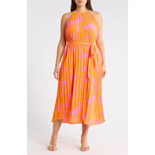 SUGARLIPS Mexia Floral Maly Pleated Midi Dress - Orange-pink-mul