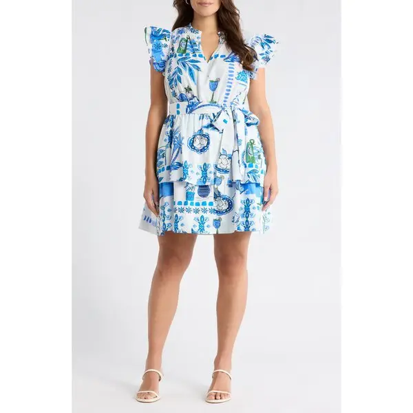 SUGARLIPS Sosy Postcard Marisol Tiered Minidress - White/blue/green
