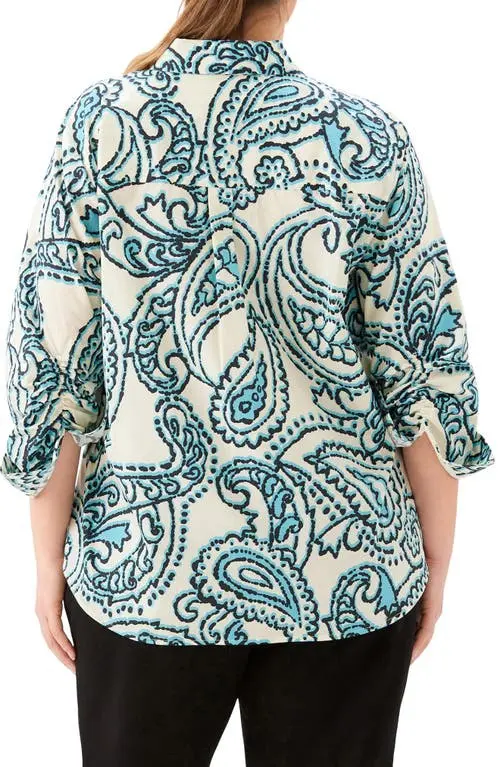 Karen Kane Ruched Sleeve Cotton Button-up Shirt