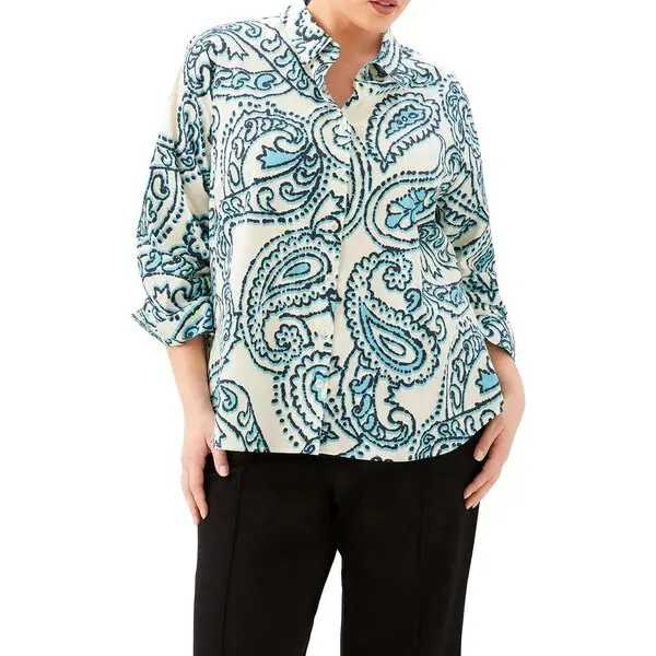 Karen Kane Ruched Sleeve Cotton Button-up Shirt - Print