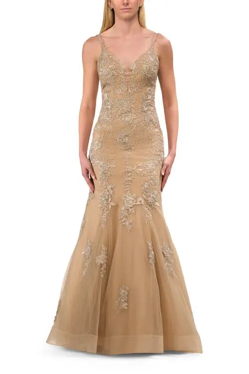 LABOMME Mermaid Prom Gown With Illusion Sides And Lace Applique - Light Gold