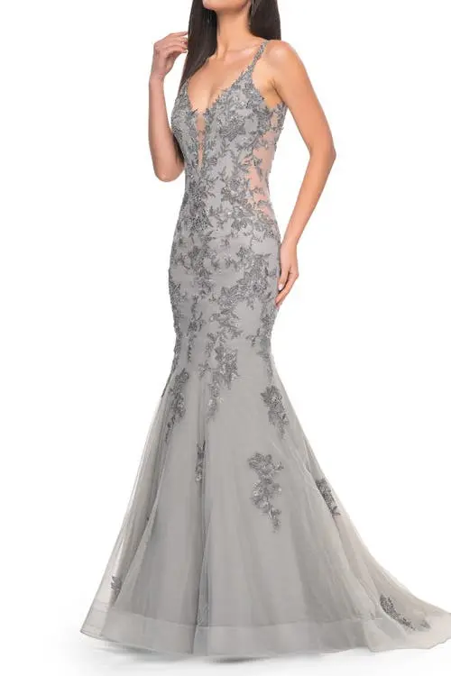 LABOMME Mermaid Prom Gown With Illusion Sides And Lace Applique - Silver