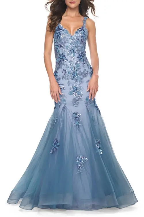 LABOMME Mermaid Two Tone Prom Dress With Sequin Lace Beaded Applique - Slate Blue