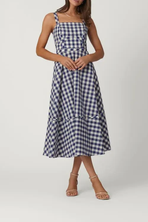Shoshanna Gingham Kaydence Midi Dress - Navy/optic