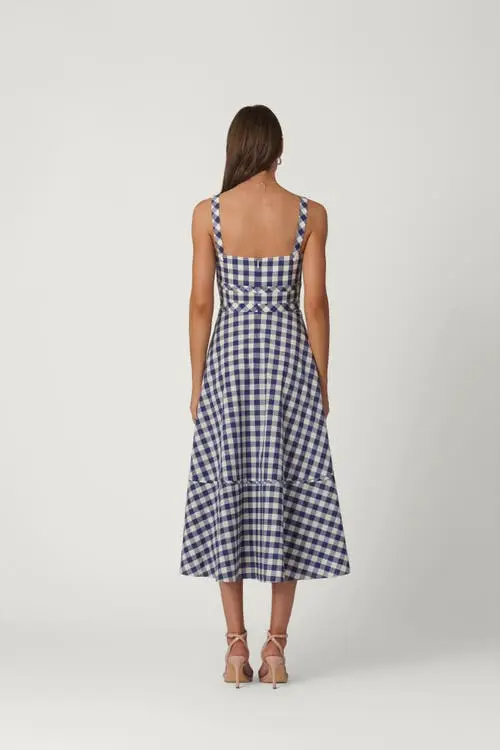 Shoshanna Gingham Kaydence Midi Dress - Navy/optic