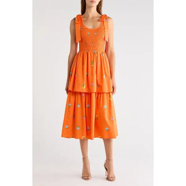 SUGARLIPS Kasia Sleeveless Smocked Midi Dress - Orange-multi