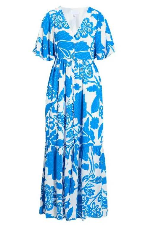 SUGARLIPS Floral Flutter Sleeve Dress - White Blue Multi