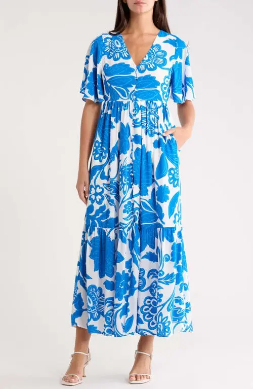 SUGARLIPS Floral Flutter Sleeve Dress - White Blue Multi