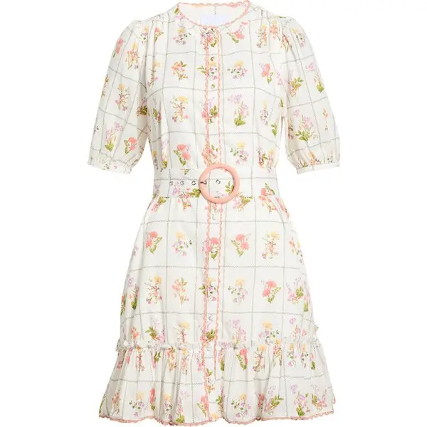 SUGARLIPS Diane Floral Redna Belted Cotton Button-up Minidress - Coral-multi