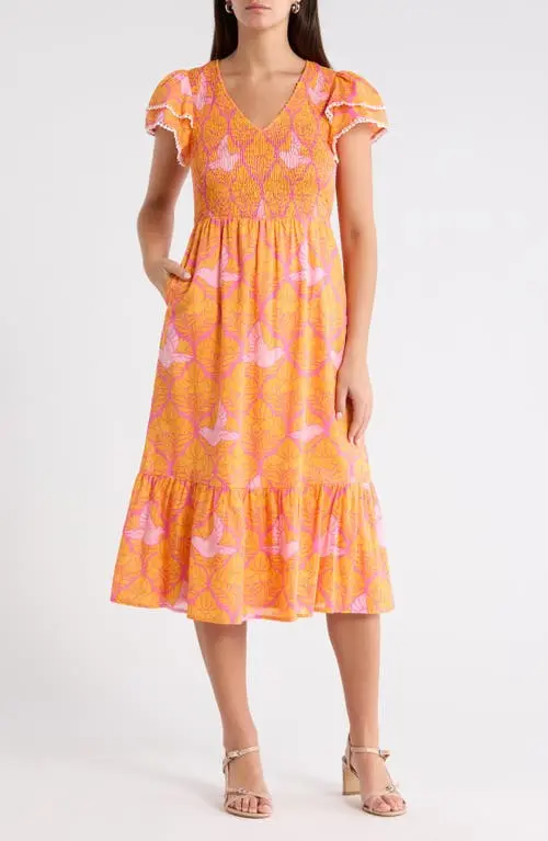 SUGARLIPS Kaidy Tropical Print Midi Dress - Orange-pinks-multi