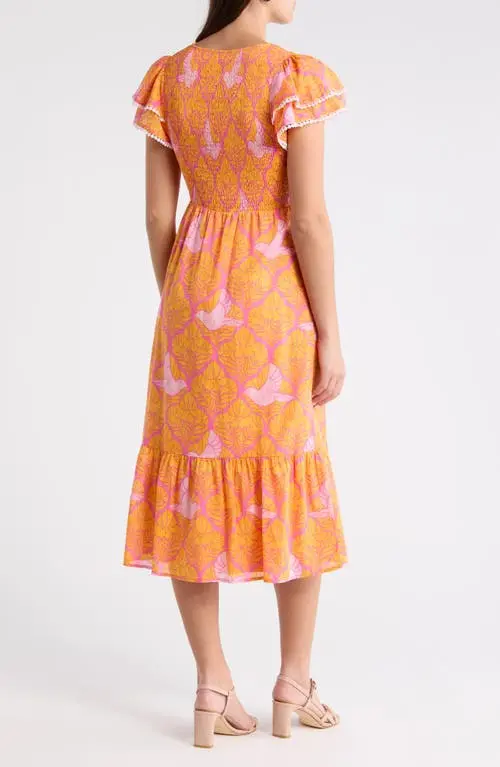 SUGARLIPS Kaidy Tropical Print Midi Dress - Orange-pinks-multi