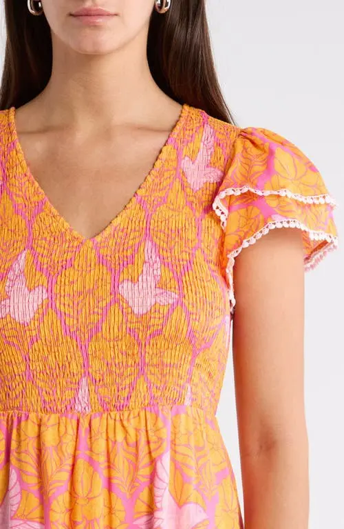 SUGARLIPS Kaidy Tropical Print Midi Dress - Orange-pinks-multi