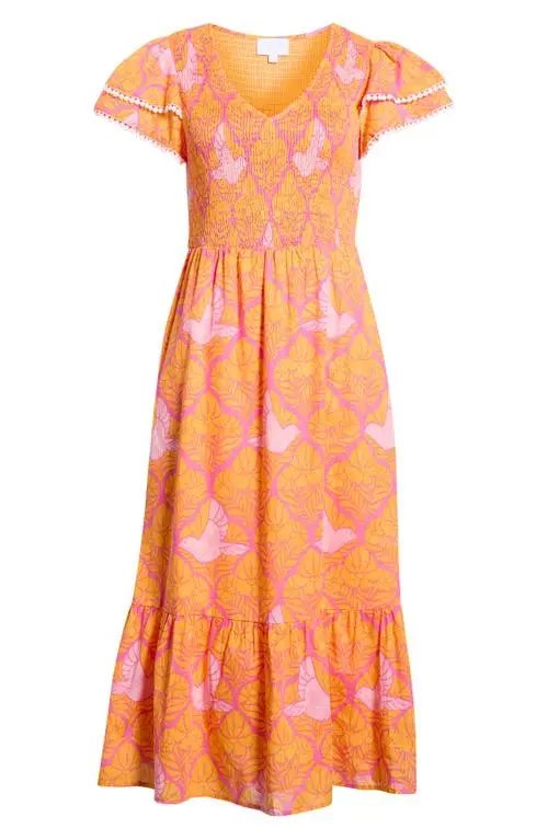 SUGARLIPS Kaidy Tropical Print Midi Dress - Orange-pinks-multi