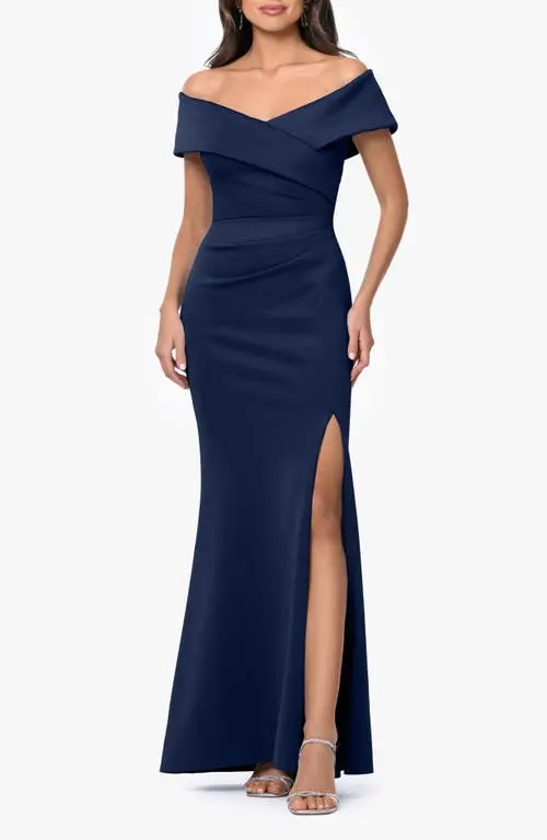 XSCAPE EVENINGS Long Ruched Scuba Gown - Midnight