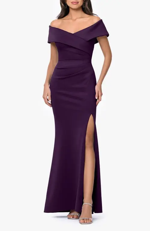 XSCAPE EVENINGS Long Ruched Scuba Gown - Plum