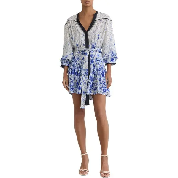 REISS Anisa Floral-print Belted Minidress - Ivory/blue