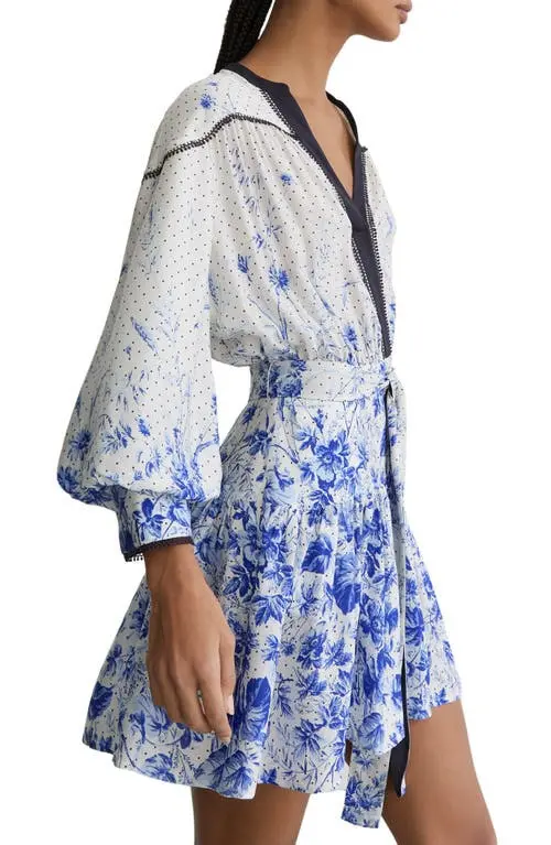 REISS Anisa Floral-print Belted Minidress - Ivory/blue