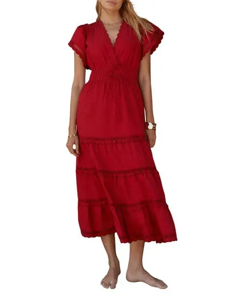 Mint Velvet Cotton Ruffle Maxi Dress - Red