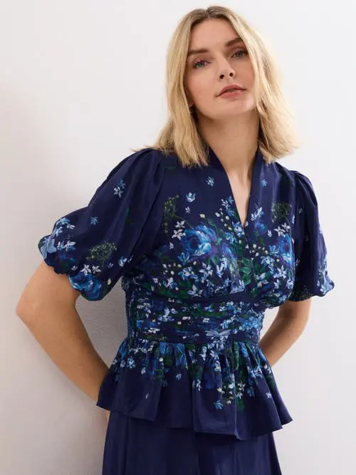PHASE EIGHT Safa Puff Sleeve Floral Blouse - Navy