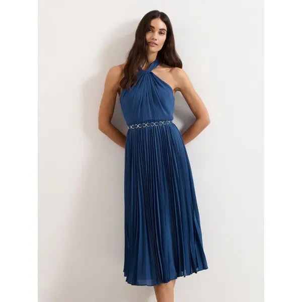 PHASE EIGHT Sathia Pleated Halter Neck Midi Dress - Indigo