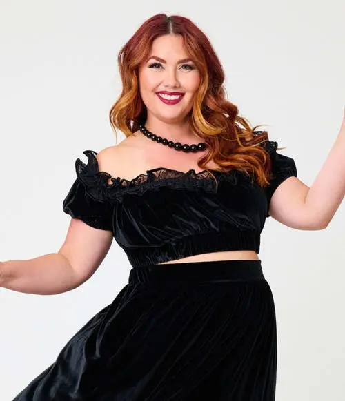 Unique Vintage 1970s Ruffle Crop Top - Black Solid